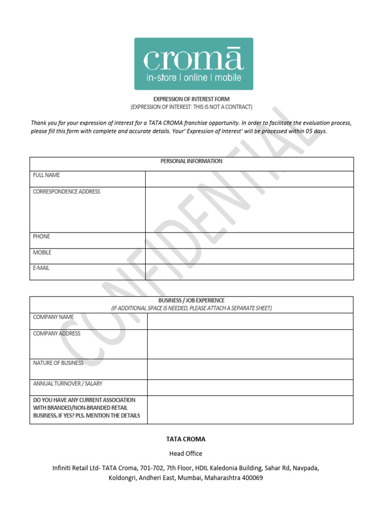 Franchisee EOI Form - TATA CROMA | PDF