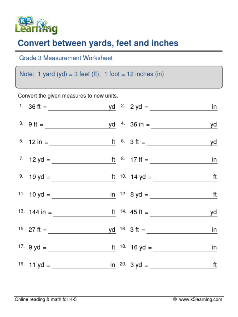 Convert Yards, Feet, and Inches Worksheet | PDF