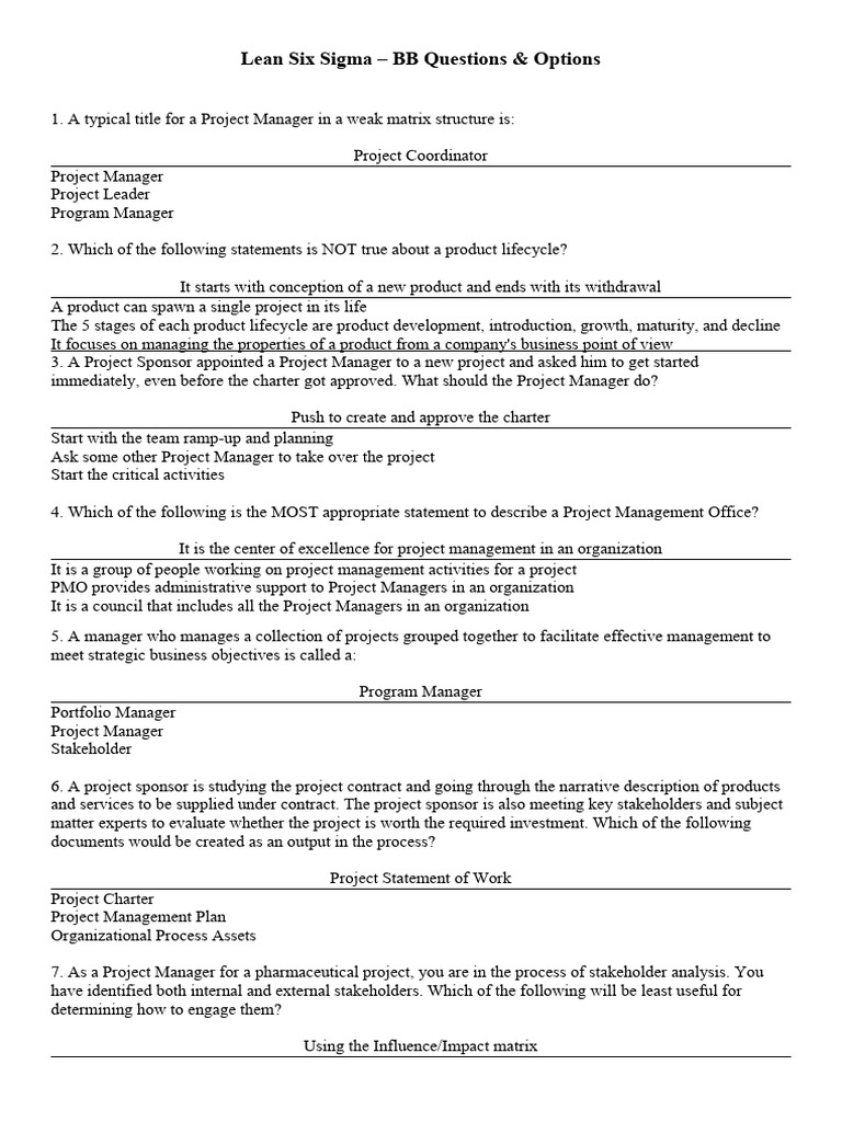 Lean Six Sigma BB - Questionnaire | Download Free PDF | Project ...