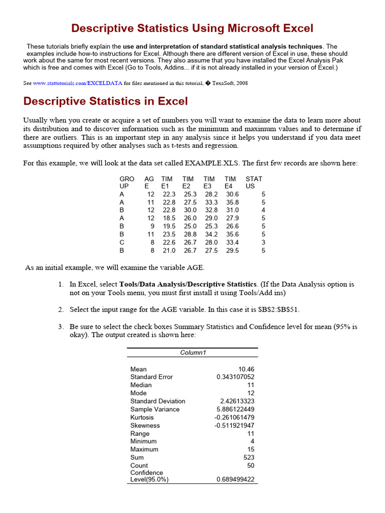 Descriptive Statistics Using Microsoft Excel | PDF | Skewness | Histogram