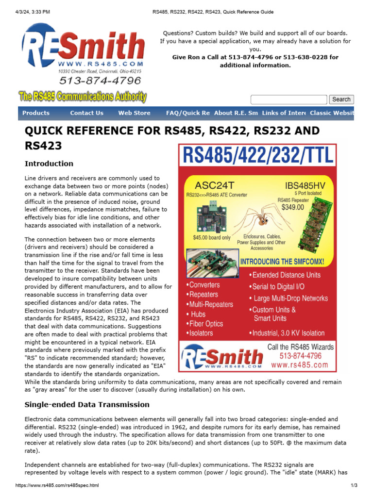 RS485, RS232, RS422, RS423, Quick Reference Guide | PDF | Computer Network | Computer Science