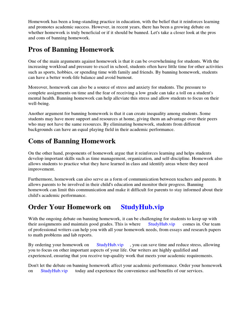 Banning Homework Pros and Cons | PDF | Homework | Teachers Banning Homework Pros and Cons | PDF | Homework | Teachers