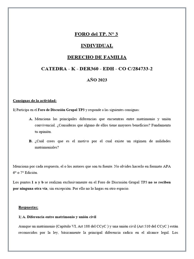 FORO Del TP #3 - DERECHO DE FAMILIA | PDF | Matrimonio | Unión civil