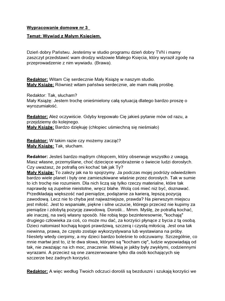 Wypracowanie Wywiad Z Małym Księciem | PDF