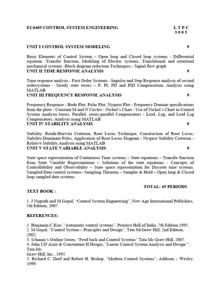 Cont Sys Syllabus Pdf Mathematical Analysis Control Theory 
