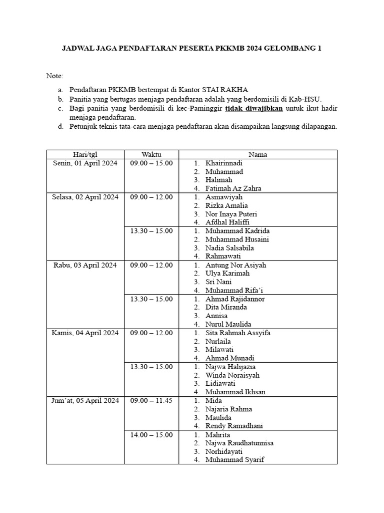 Jadwal Jaga Pendaftaran PKKMB 2024 G1 | PDF | Perjalanan