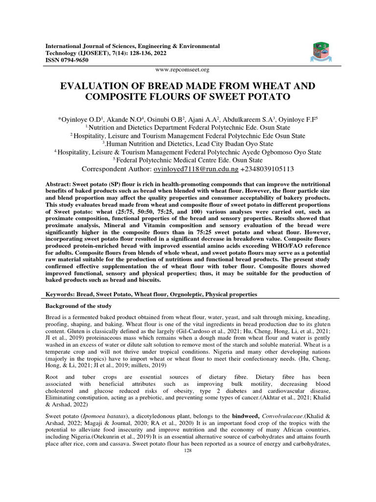 OYINLOYE Et Al EVALUATION OF BREAD MADE FROM WHEAT AND COMPOSITE FLOURS OF SWEET POTATO | PDF ...