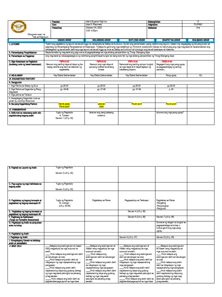 DLL Filipino 9 October (LINGGO 1 | PDF