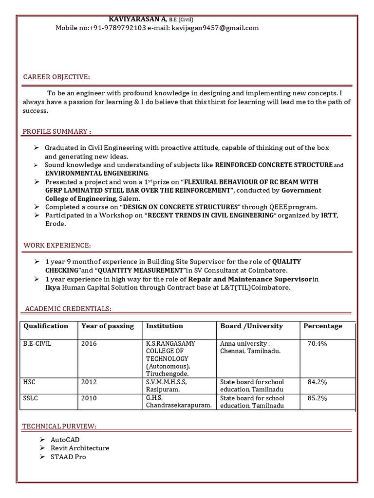 Kaviyarasan Resume | Download Free PDF | Engineering