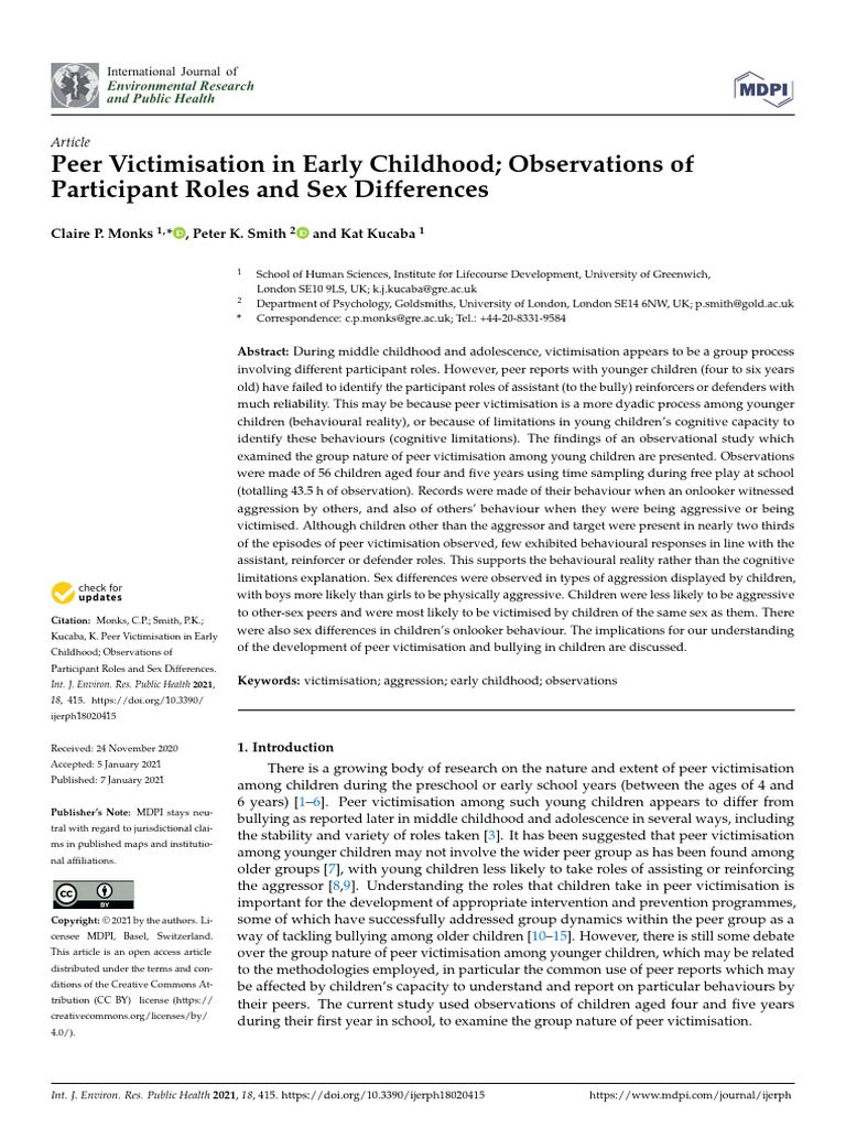 Peer Victimisation in Early Childhood Ob | PDF | Bullying | Aggression