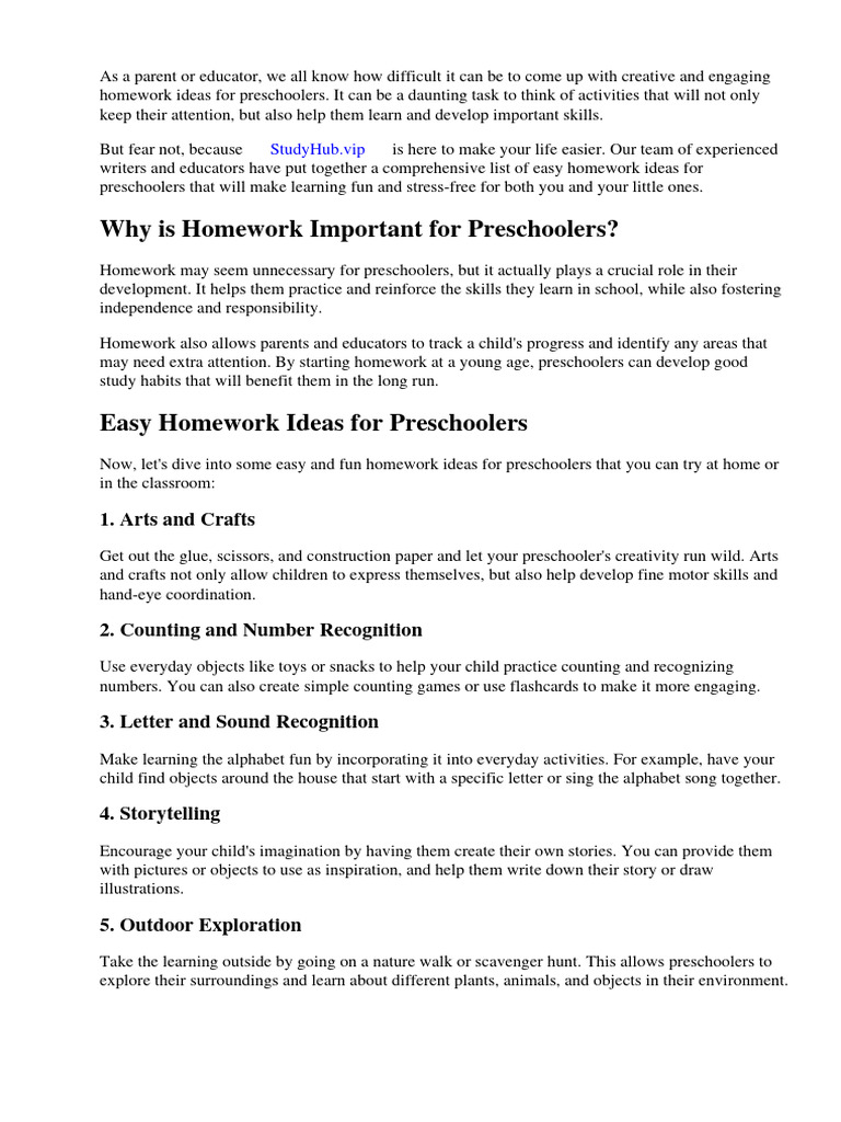 Easy Homework Ideas For Preschoolers | PDF | Homework | Preschool