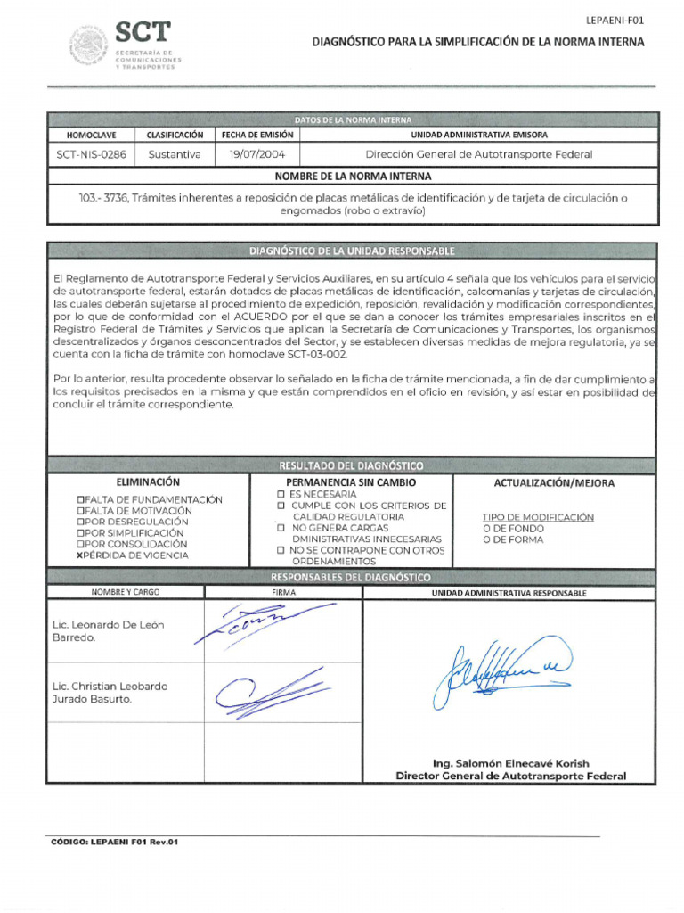 SCT Nis 0286 Oficio 103. 3736 Reposición de Placas y Tarjeta de ...