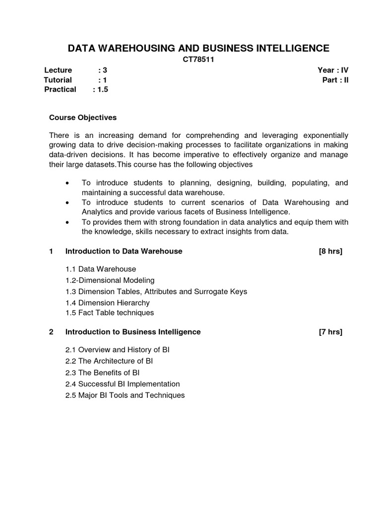 Data Warehousing and Business Intelligence-Elective III | PDF | Data Warehouse | Business ...