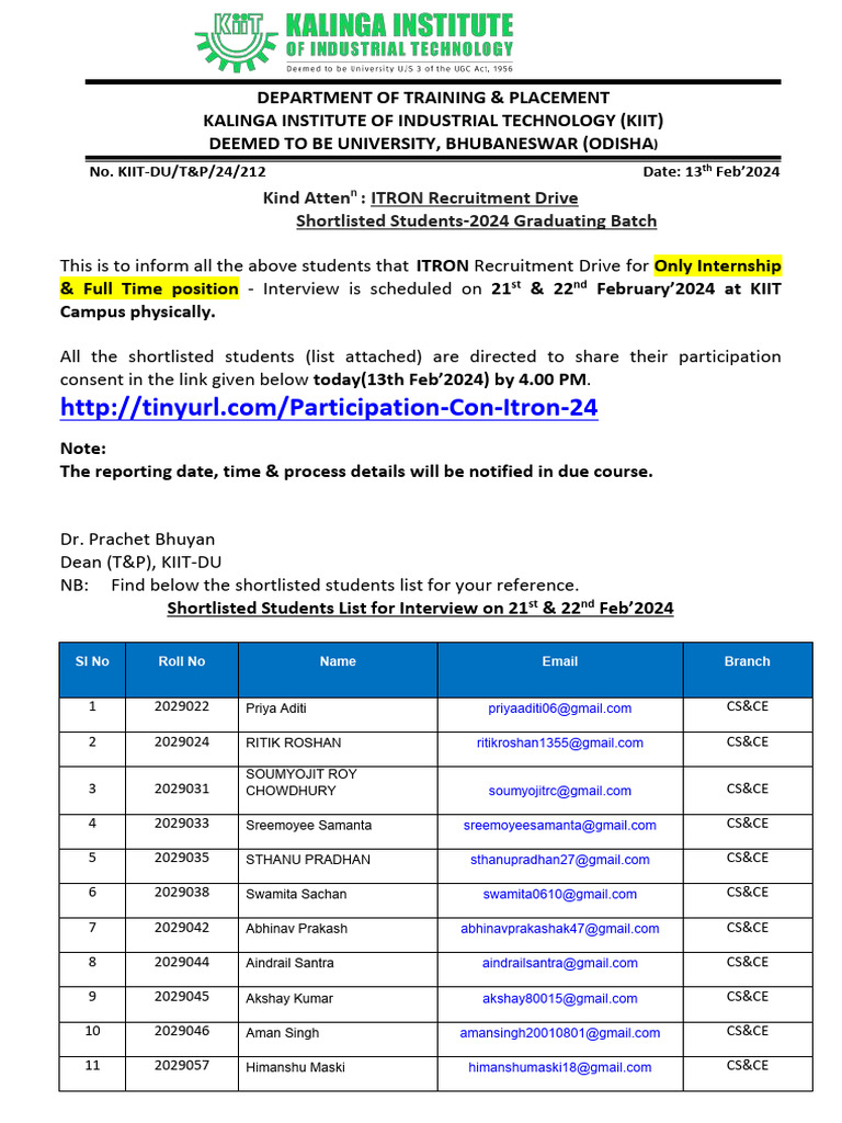 Participation Consent For ITRON Recruitment Drive-Interview On 221st ...