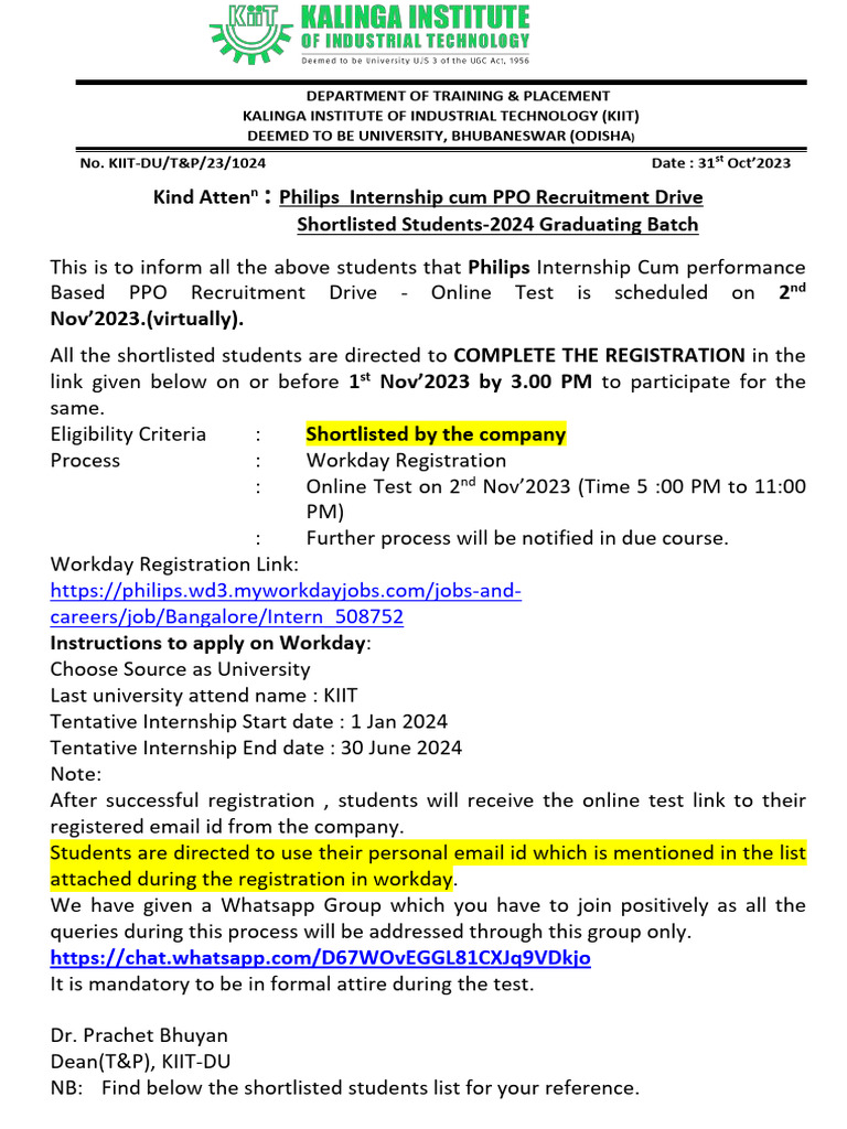 Complete The Workday Registration For Philips Internship Cum PPO ...