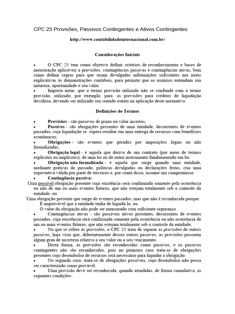 CPC 25 Provisões Resumão | PDF | Contabilidade | Relatório anual