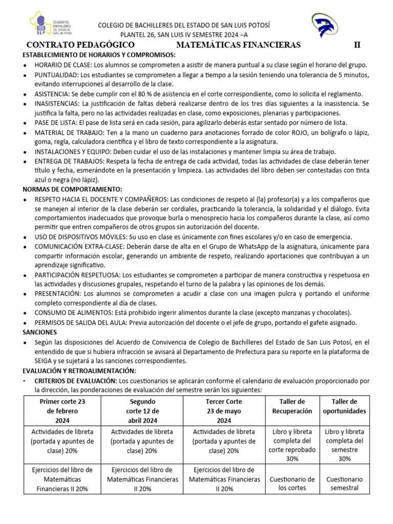 Contrato Pedagogico SCLC - 2024 - A | PDF | Evaluación | Maestros