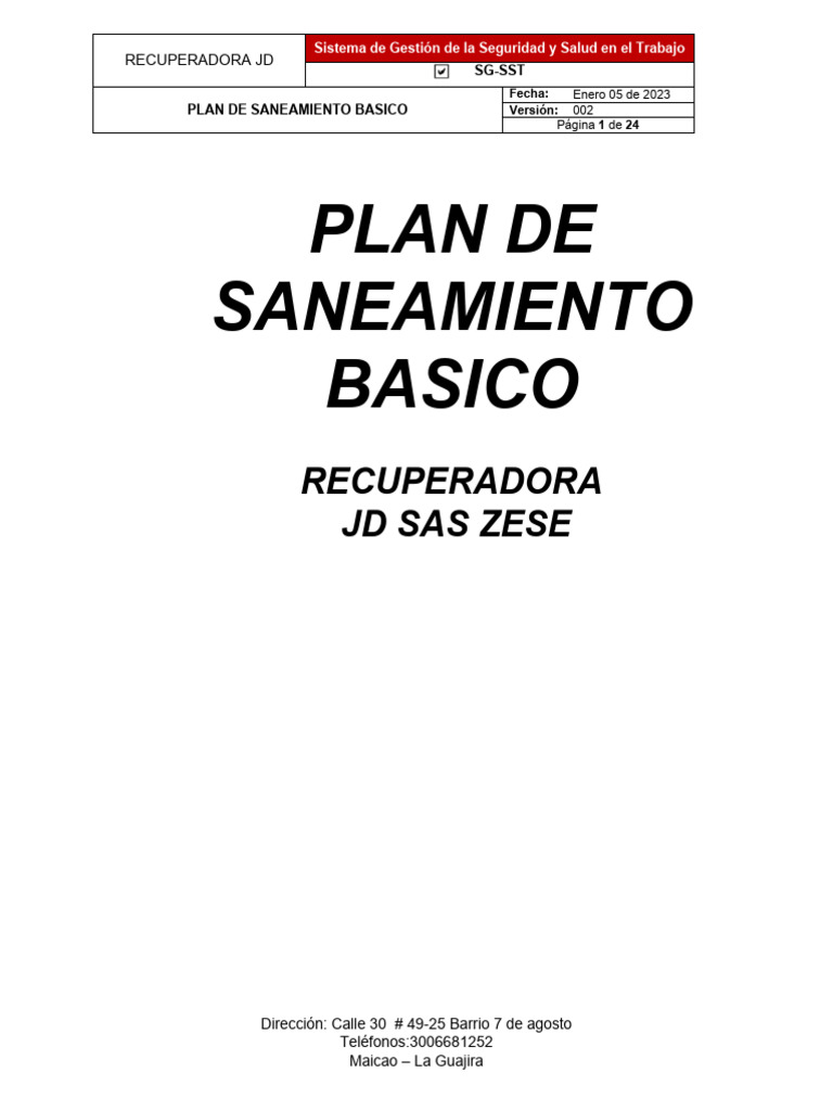 Plan de Saneamiento Basico JD | Descargar gratis PDF | Residuos | Agua