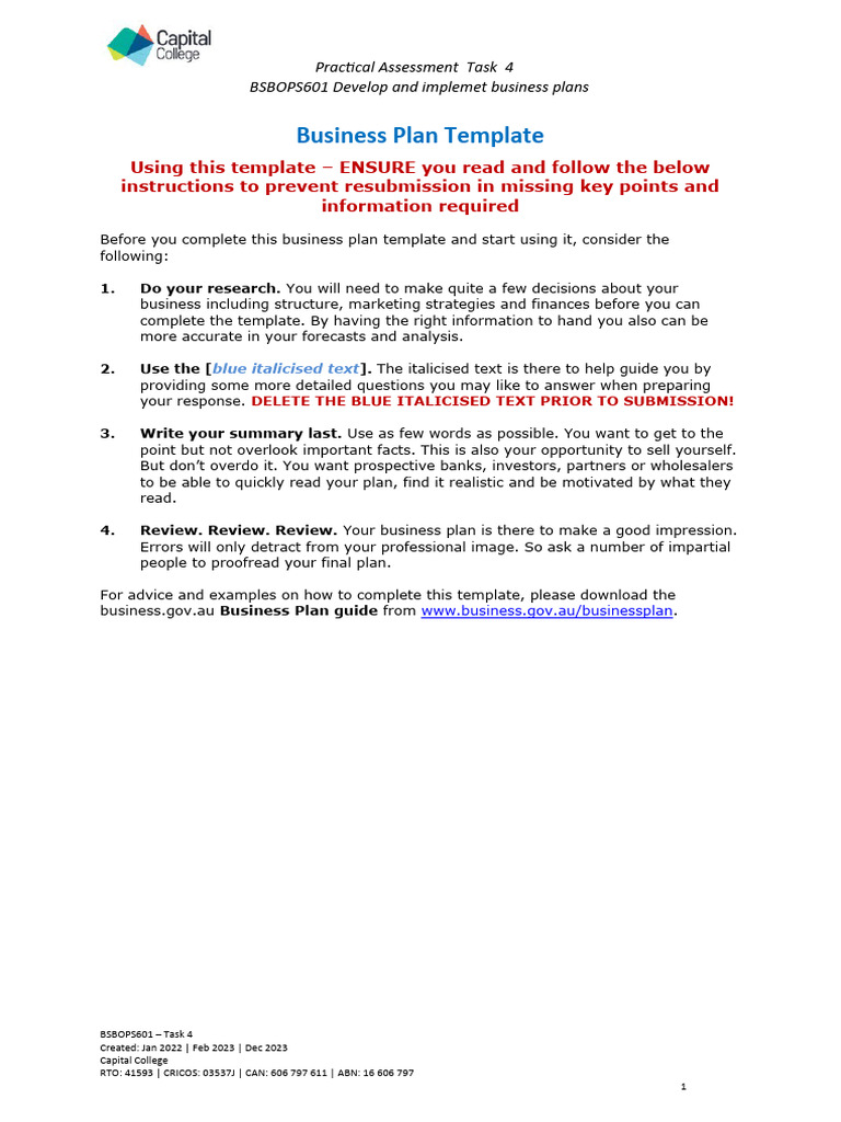 BSBOPS601 Task 4 Business Plan Template 2023v | PDF | Brand | Supply Chain