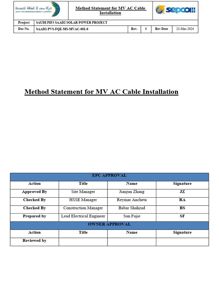 MV AC Cable Installation Method Statement | PDF | Insulator ...