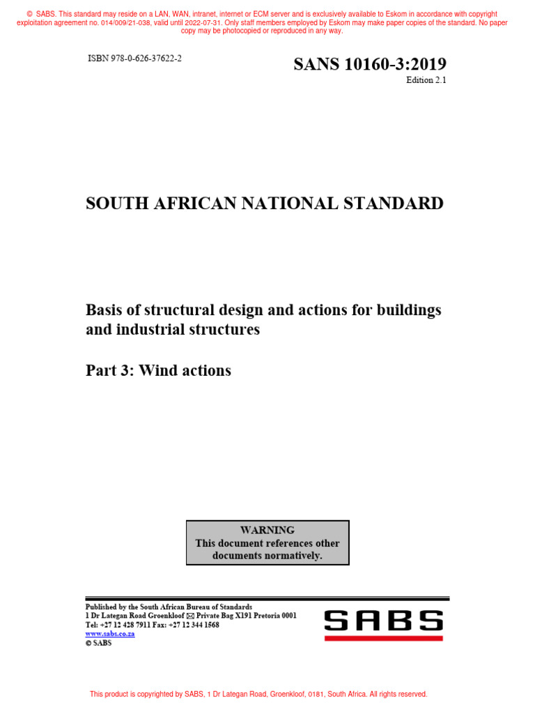 SANS 10160-3 - 2019 - Wind Actions | PDF | Copyright | Wind Speed