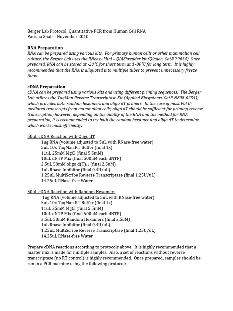 Human Cell RNA qPCR Protocol | PDF | Complementary Dna | Real Time ...