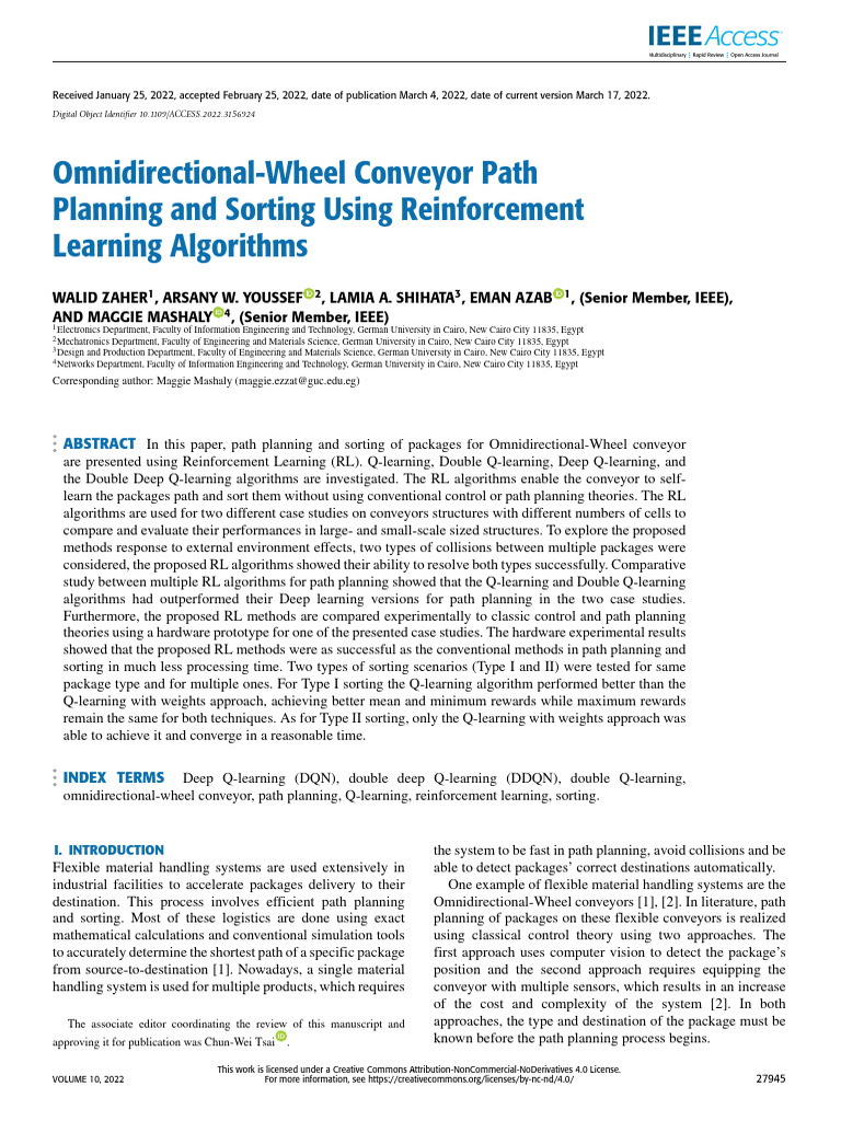 Omnidirectional Wheel Conveyor Path Planning And Sorting Using Reinforcement Learning Algorithms