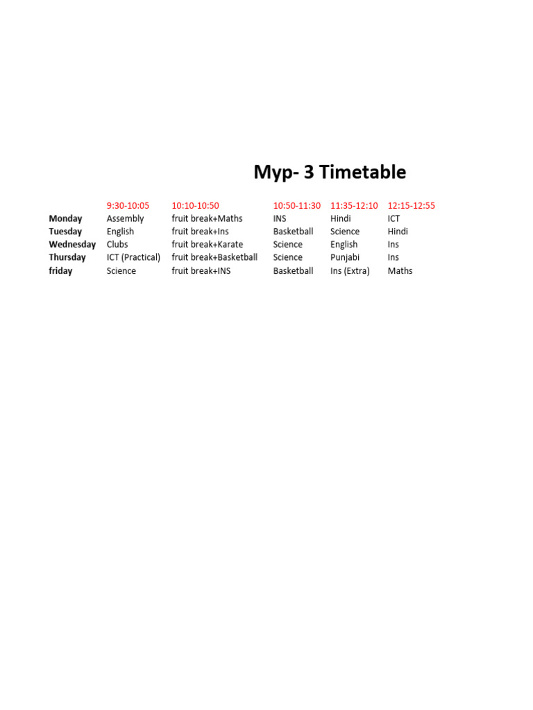 Myp 3 Timetable | PDF
