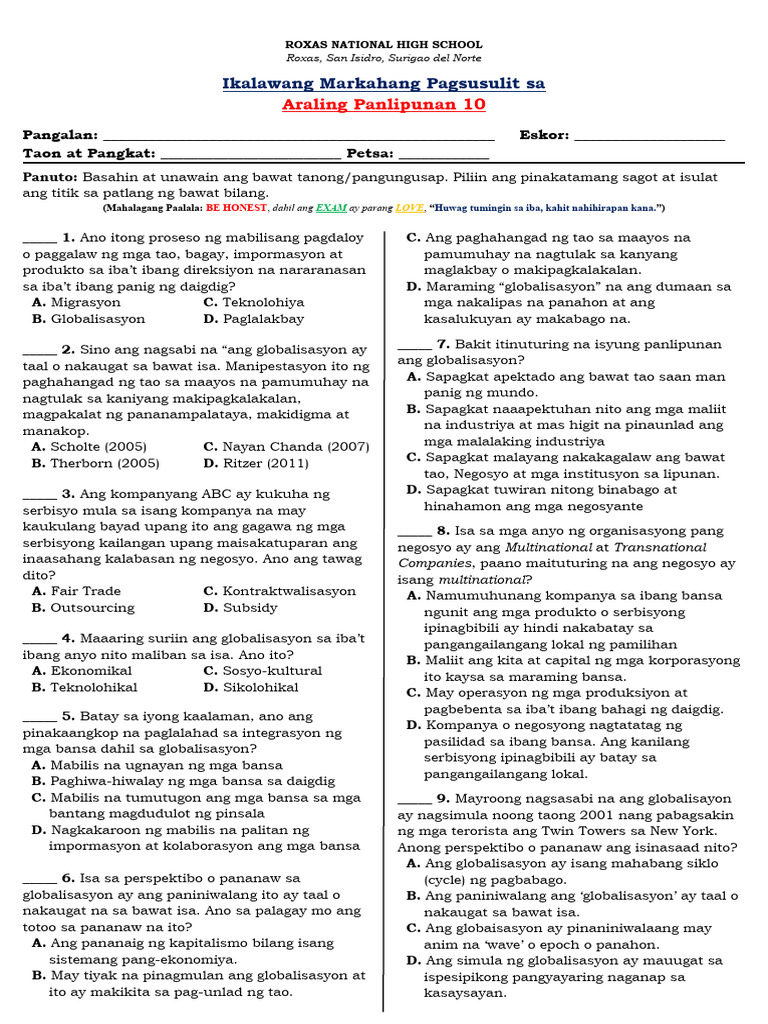 2nd Quarter Exam in Aral. Pan. 10 | PDF