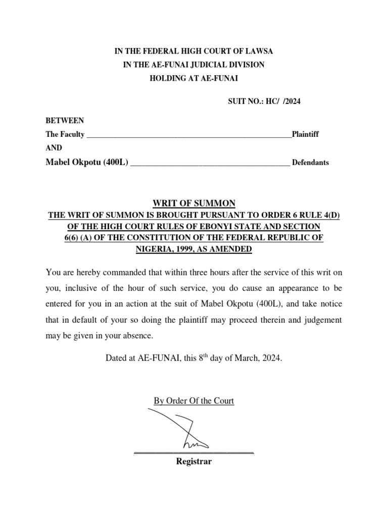 In The Federal High Court of Lawsa | PDF