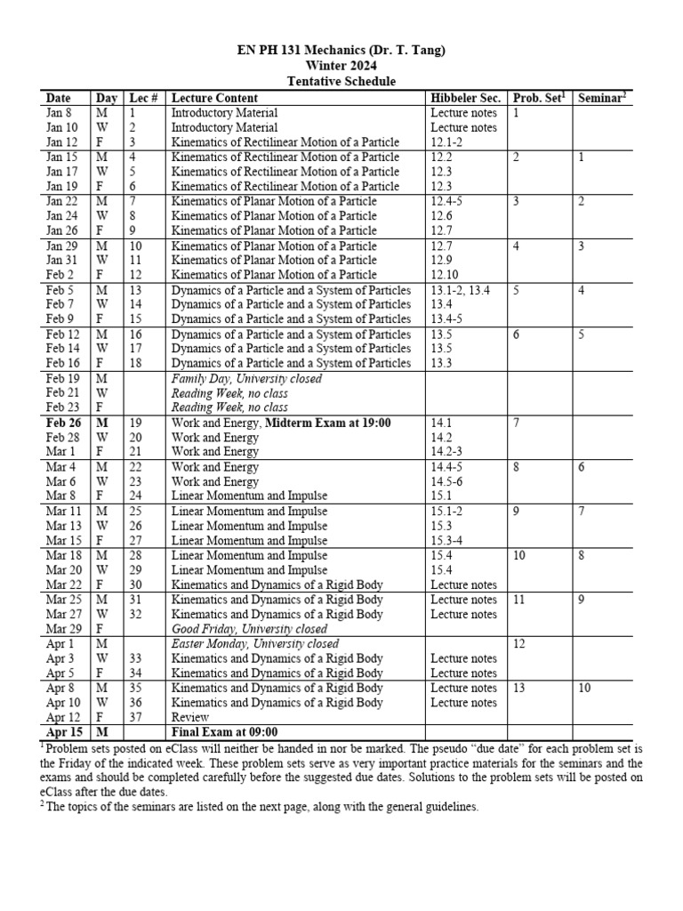 131 W2024 Schedule | PDF | Equations Of Motion | Kinematics