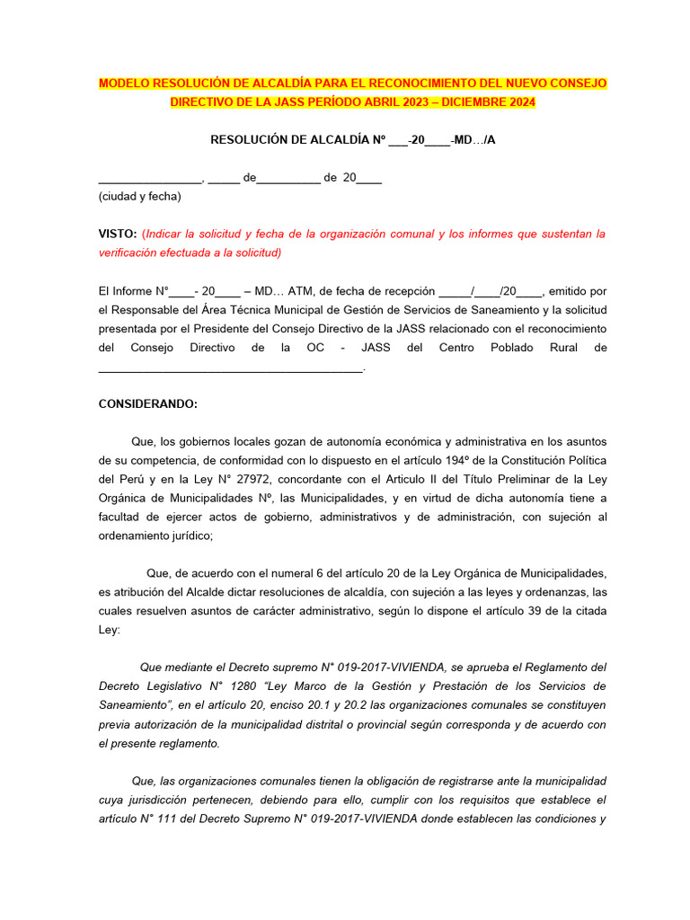 MODELO DE RESOLUCION DE RECONOCIMIENTO DE JASS | PDF | Gobierno local | Alcalde