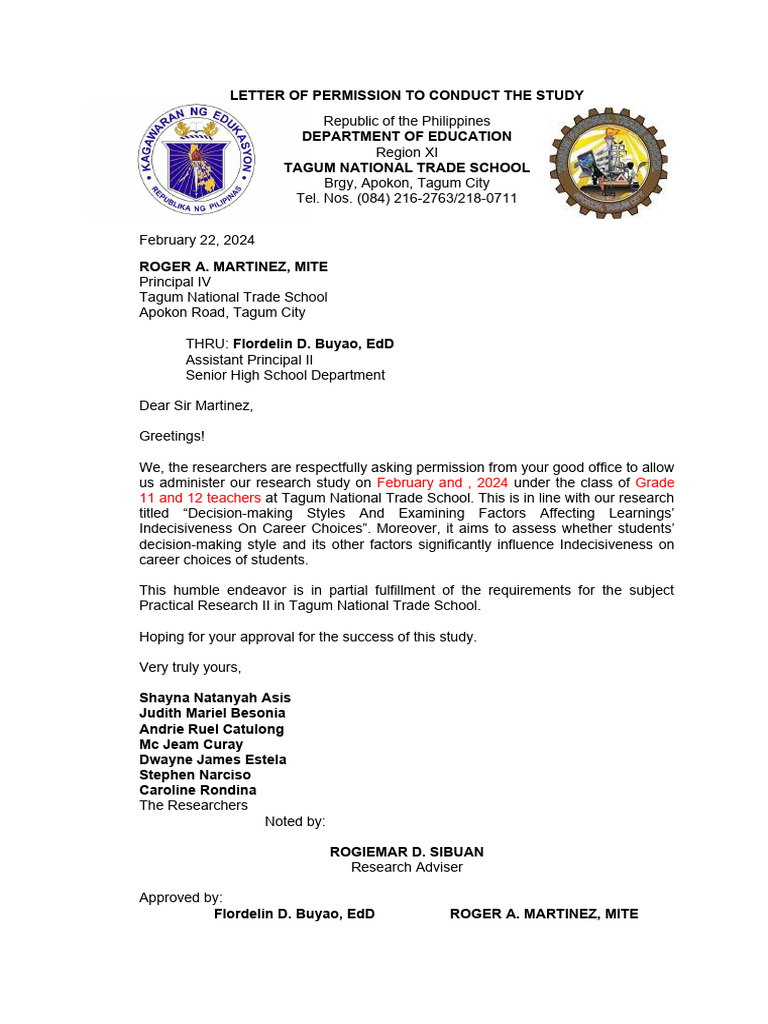 Letter of Permission To Conduct The Study | PDF | Emotions | Teachers