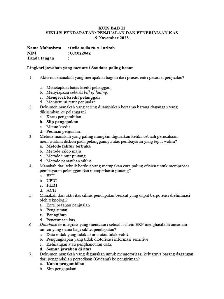 KUIS BAB 12 - Della Aulia Nurul Azizah - C0C022042 | PDF