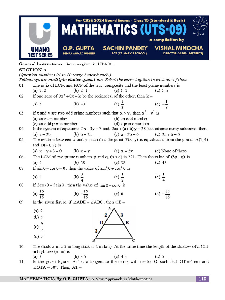 UTS Mathematics Sample Paper 2024 | PDF | Circle | Area