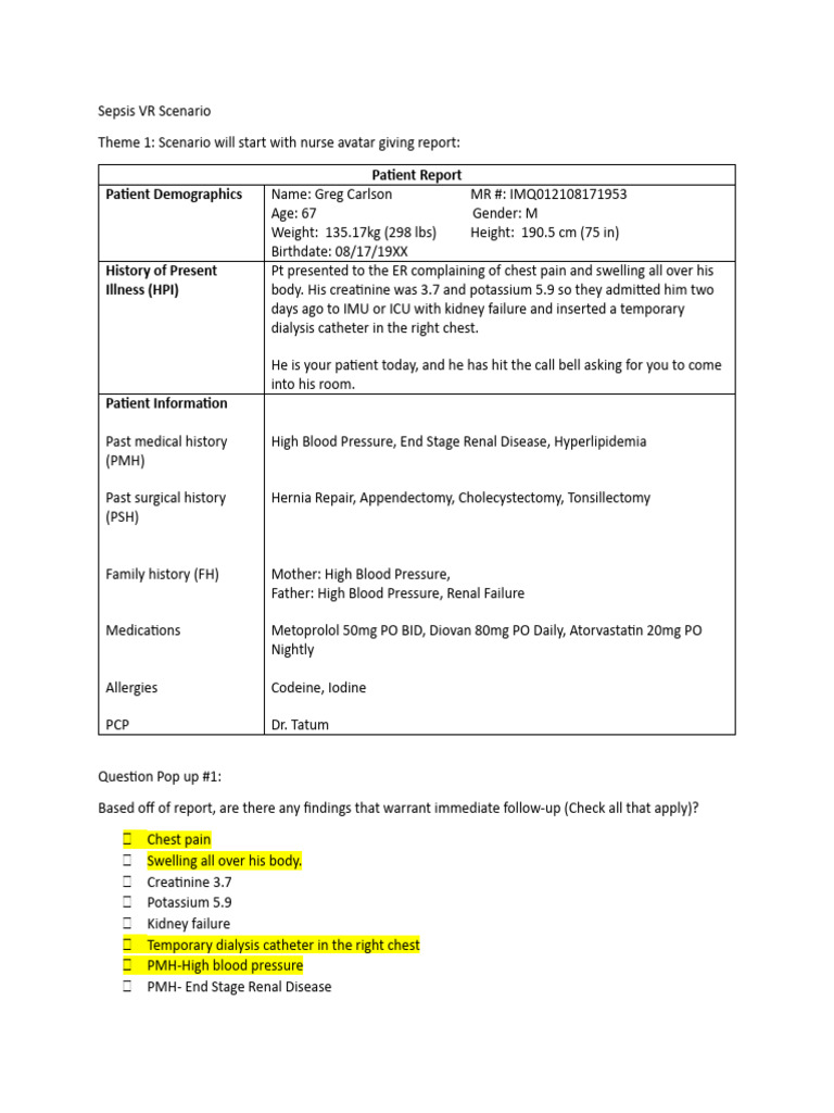 Sepsis VR Scenario | PDF | Sepsis | Shock (Circulatory)