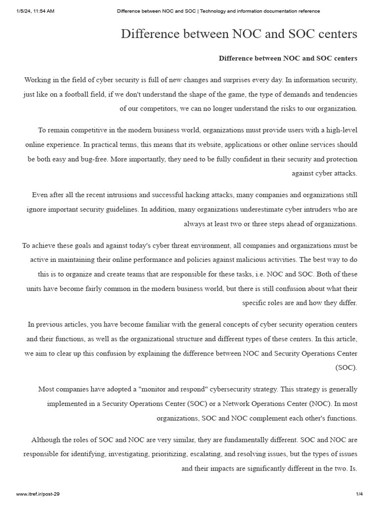 Difference between NOC and SOC | PDF | Computer Security | Security