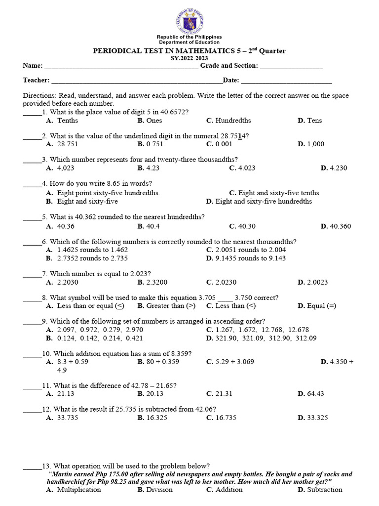 Mathematics-5-Quarter-2 - TEST PAPER | PDF | Numbers | Notation