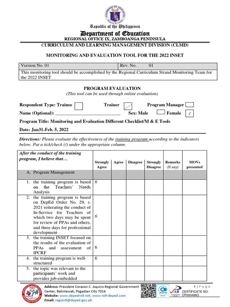Monitoring-and-Evaluation-Tool-INSET Midyear 3 | PDF | Career & Growth