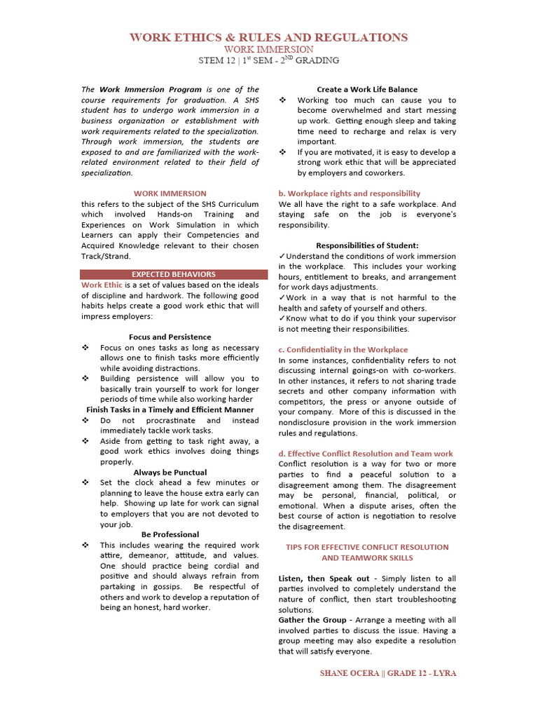 WORK-IMMERSION-LESSON-1 | PDF | Employment | Conflict Resolution