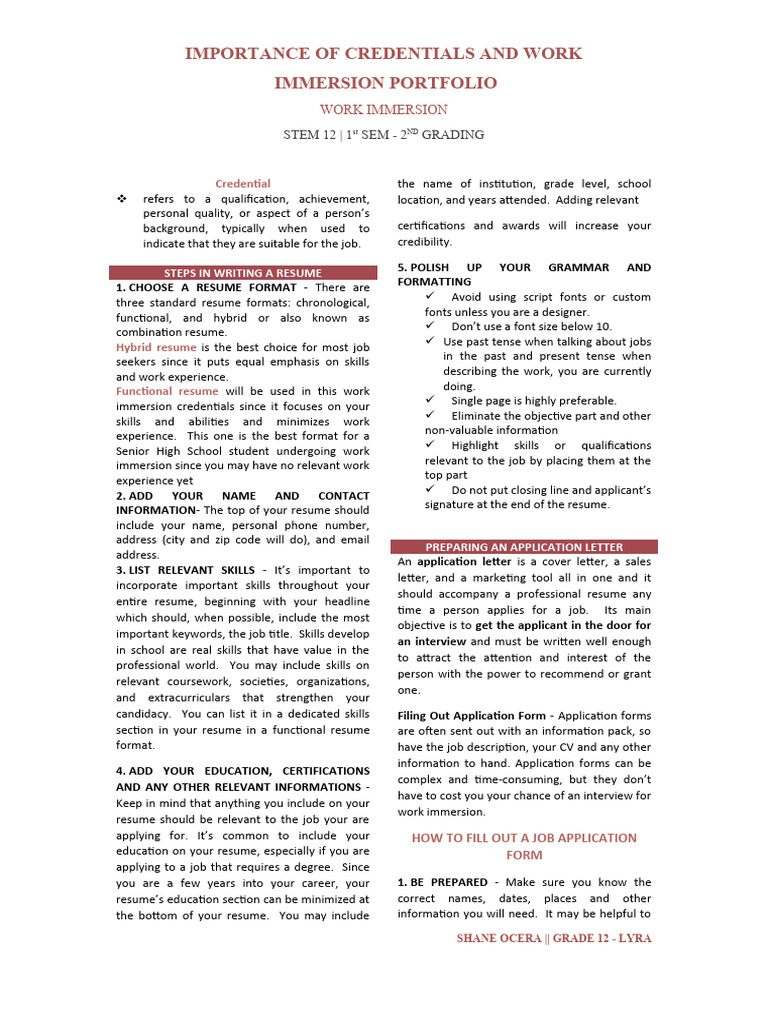 Work Immersion Lesson 2 | PDF | Résumé
