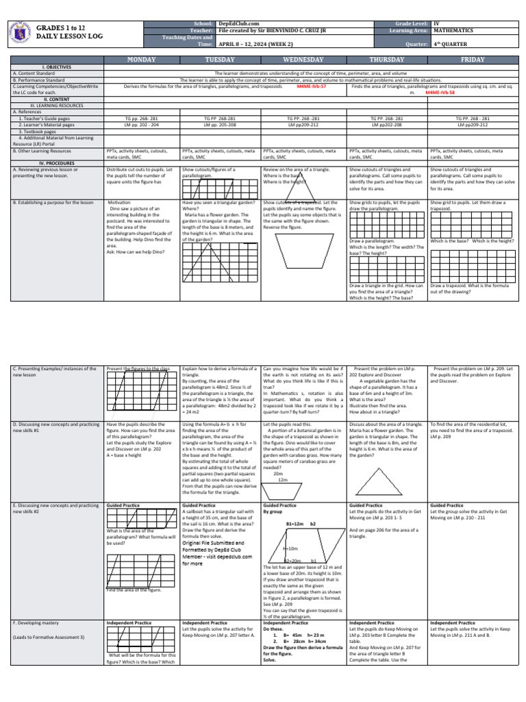 DLL - Mathematics 4 - Q4 - W2 | PDF | Area | Geometry