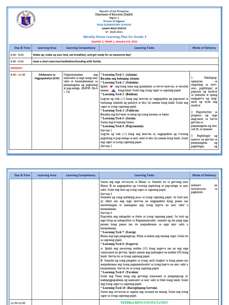 WHLP Grade 3 Q2 W1 All Subjects | PDF