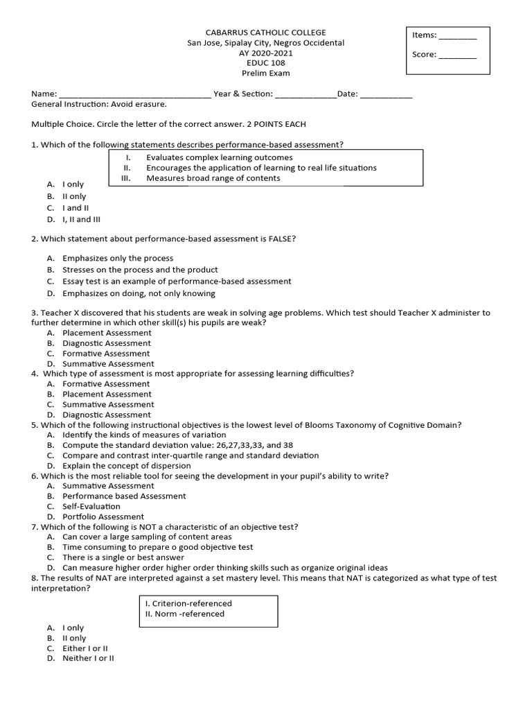 Educ 108 Exam | PDF | Educational Assessment | Cognitive Science