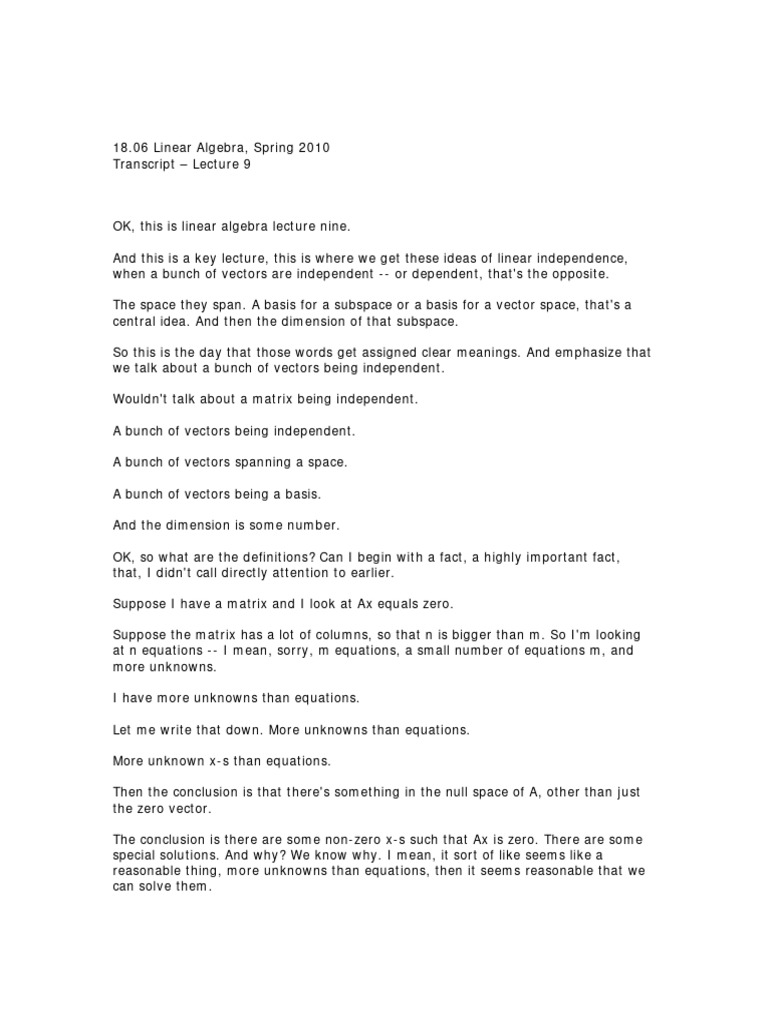 Mit18 06S10 L09 | PDF | Basis (Linear Algebra) | Linear Subspace