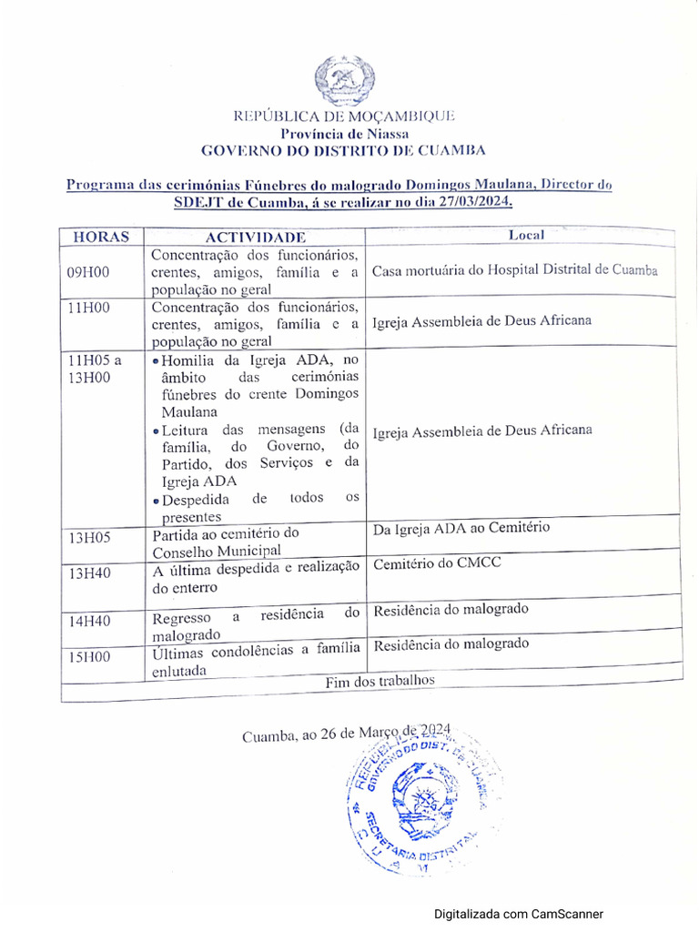Programa Das Cerimónias Fúnebres Do Exmo. SR Diretor Domingos Maulana | PDF