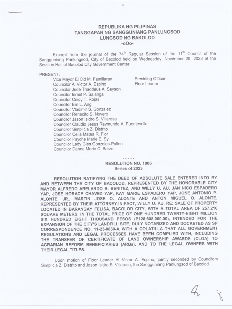 SP Reso No. 1006, s. 2023 - Resolution ratifying the Deed of Absolute ...