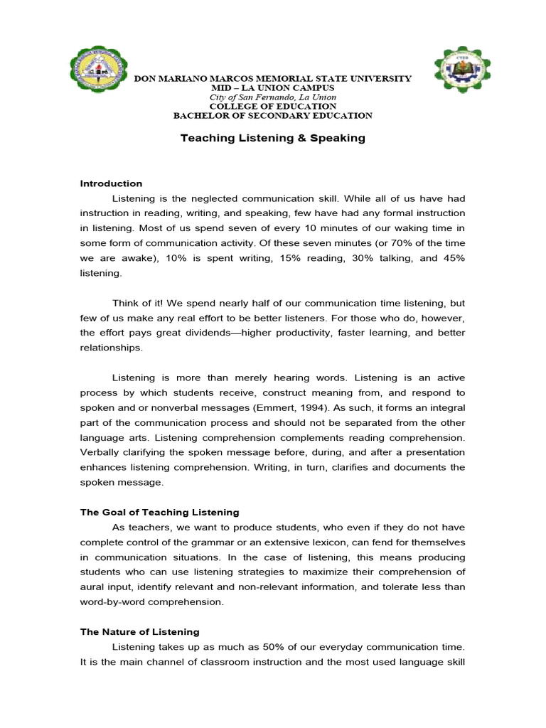 Teaching Listening and Speaking | PDF | Fluency | Reading Comprehension