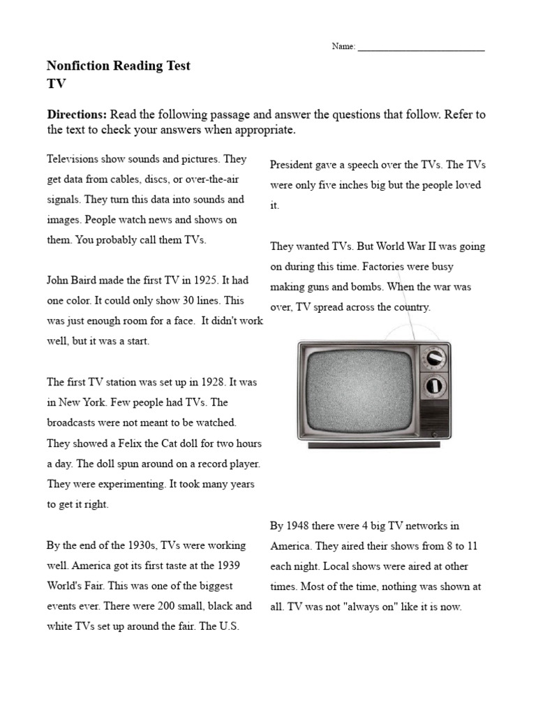 Nonfiction Reading Test TV | PDF | Television | Entertainment