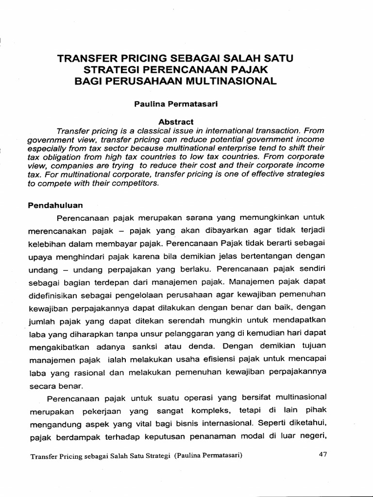 ID Transfer Pricing Sebagai Salah Satu Strategi Perencanaan Pajak Bagi ...